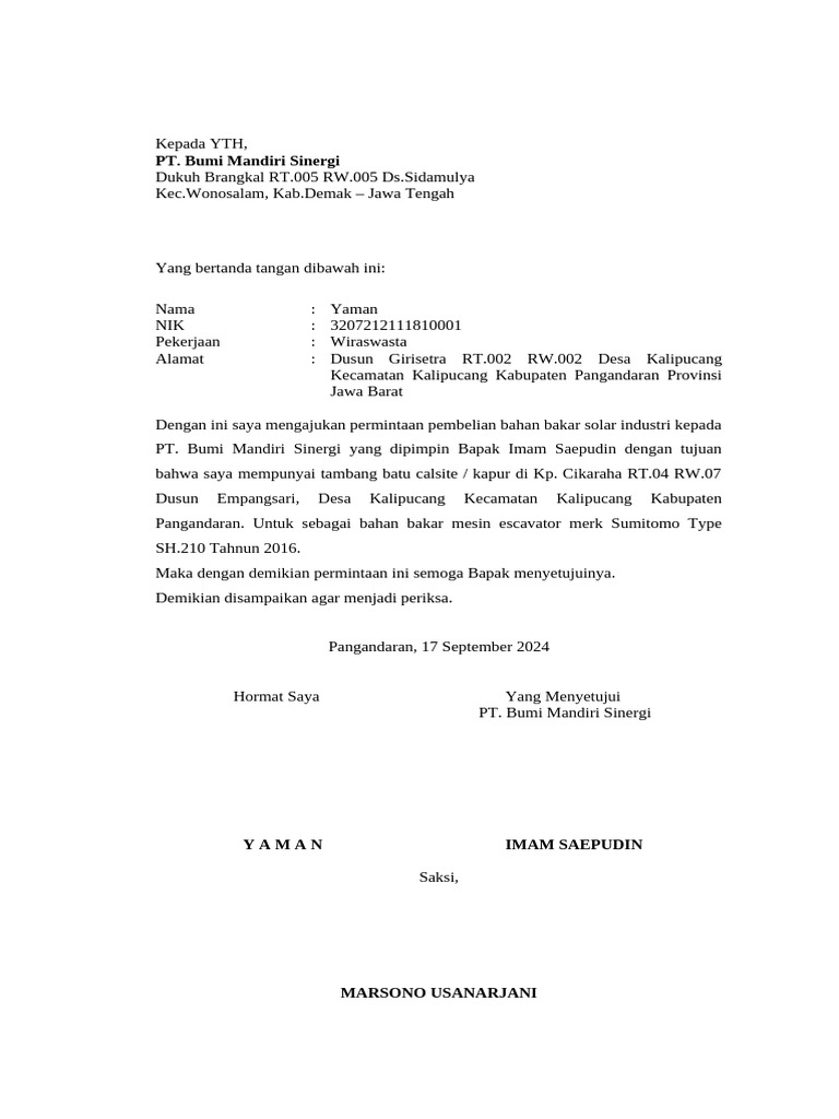 Surat Permohonan Penyediaan BBM Solar | PDF