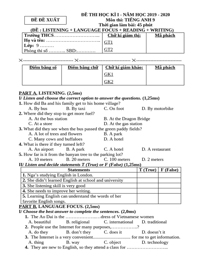 De thi HK1 mon Tieng Anh 9 co phan nghe | PDF | Ho Chi Minh City | English Language