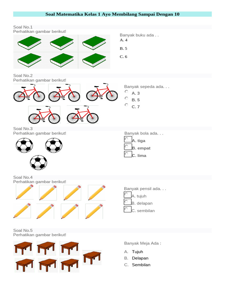 Soal Matematika Kelas 1 Ayo Membilang Sampai Dengan 10 | PDF