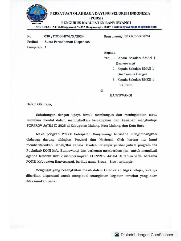 Permohonan Dispensasi Proyeksi Porprov Ix 2025 | PDF