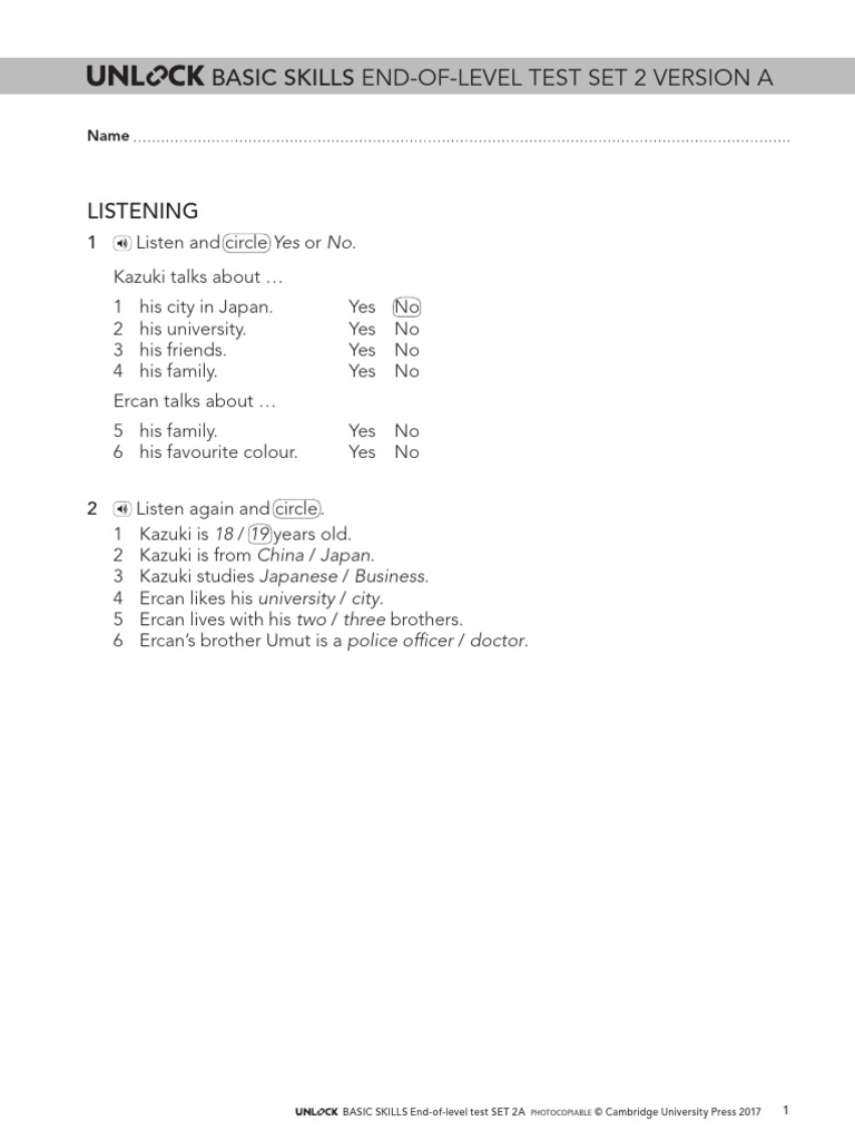 SET 2 Basic Skills End-of-level Version A | PDF