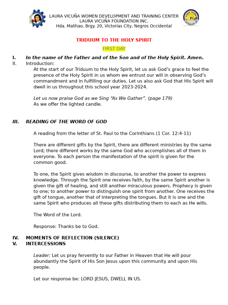 TRIDUUM TO THE HOLY SPIRIT PRAYER (1st To Third Day) | PDF | Prayer ...