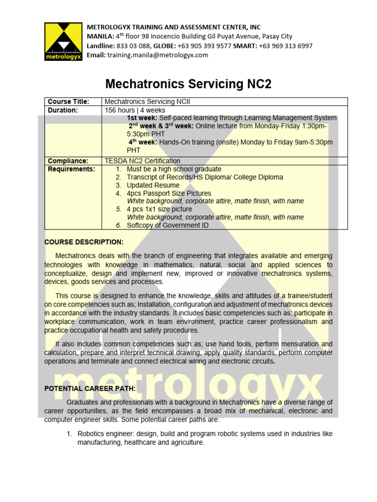 Mechatronics Servicing NC2 Training Outline | PDF | Programmable Logic Controller | Automation