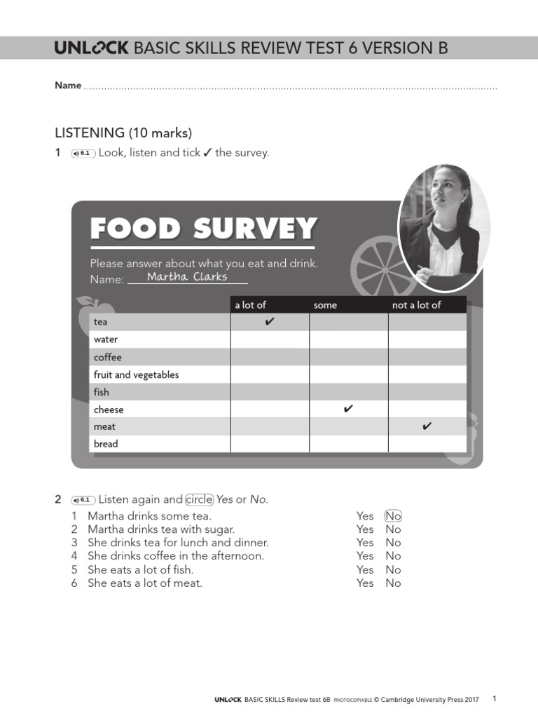 Basic Skills Review Test Unit 6 Version B | PDF | Lunch | Drink