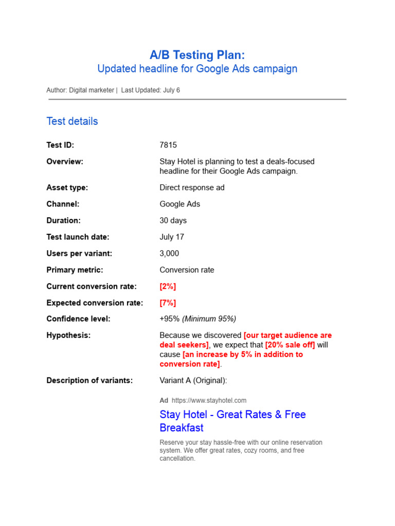 Activity Template - A - B Testing Plan - Group 6 People 2 | PDF