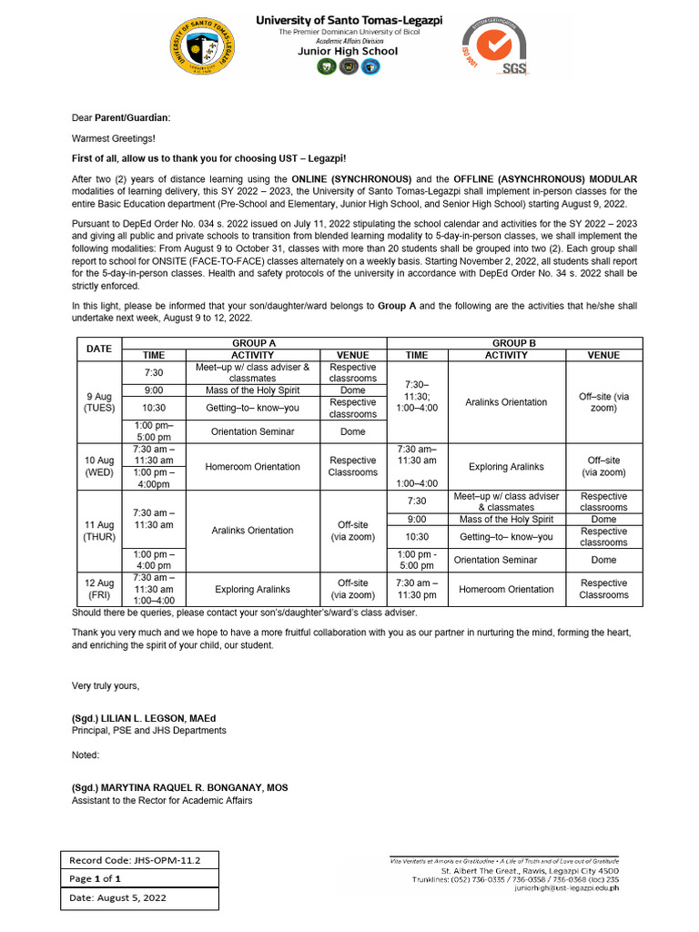 UST-Legazpi In-Person Classes Update | PDF