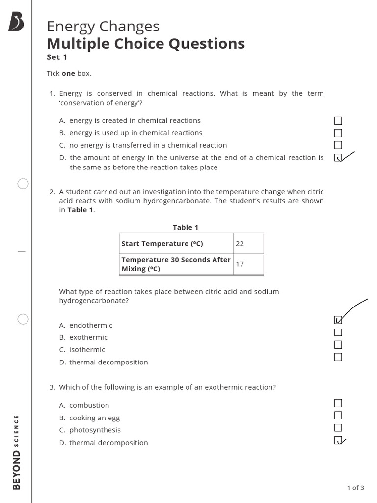 Energy Changes MCQs for Chemistry | PDF | Chemical Reactions | Acid