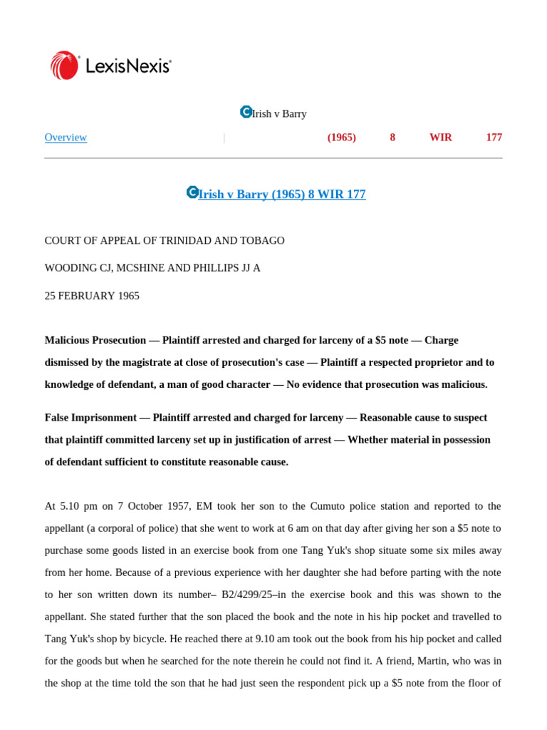 Irish v Barry: Malicious Prosecution Appeal | PDF | Prosecutor | Arrest