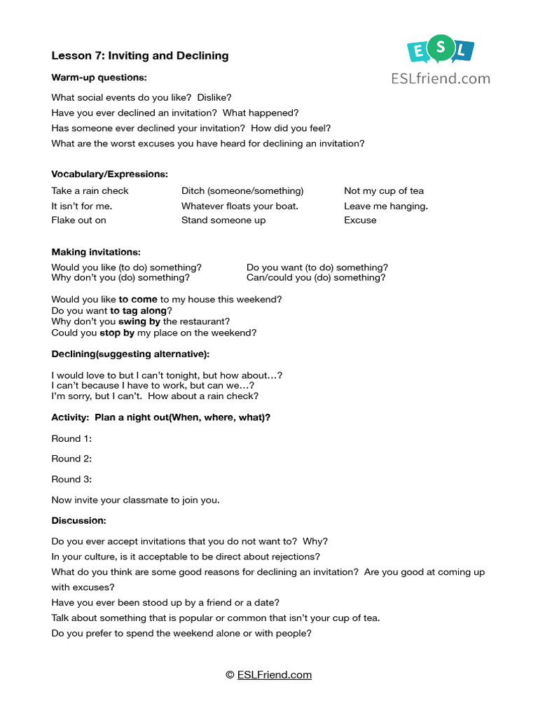 Int02 Lesson07 InvitingDeclining | PDF