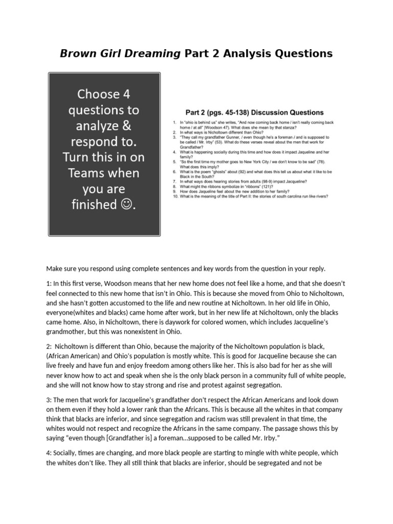 Brown Girl Dreaming Part 2 Analysis Questions | PDF