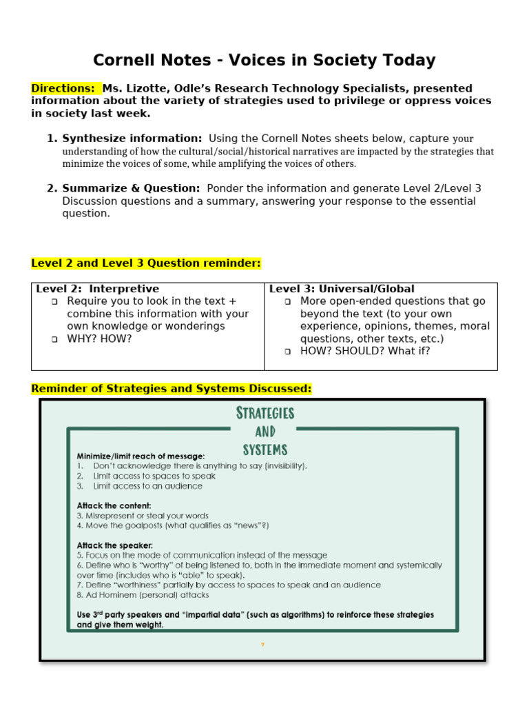 Cornell Notes On Strategies To Oppress Voices | PDF | Narrative | Cognition