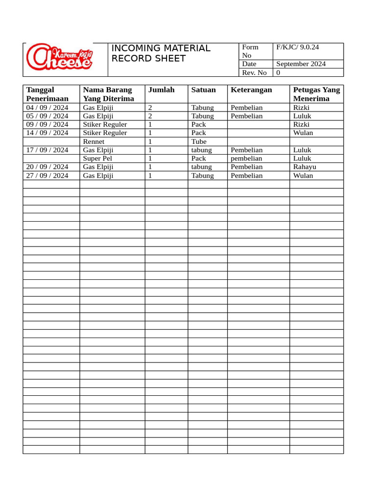 INCOMING MATERIAL RECORD SHEET | PDF