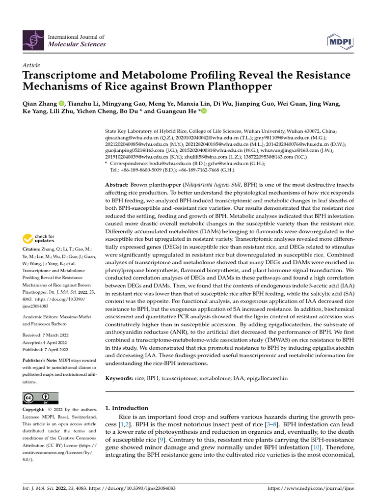 Transcriptome and Metabolome Profiling Reveal the Resistance Mechanisms of Rice_2022_Zhang et al ...
