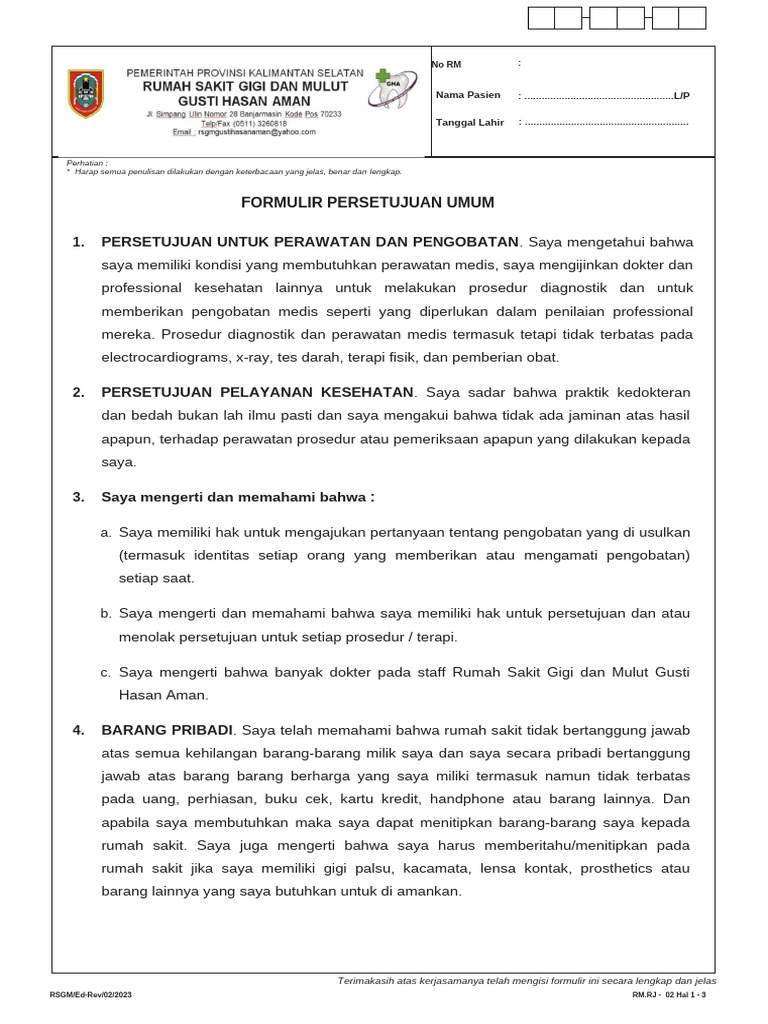 Formulir Persetujuan Perawatan Medis | PDF