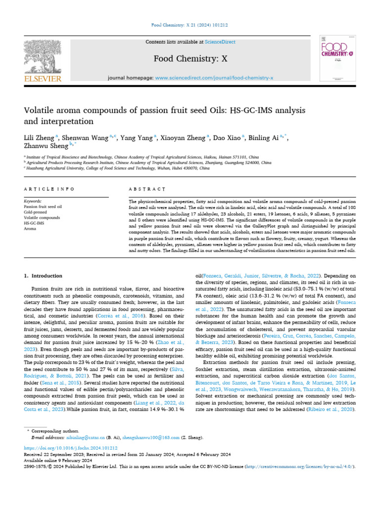 Volatile aroma compounds of passion fruit seed Oils_2024_Zheng et al ...