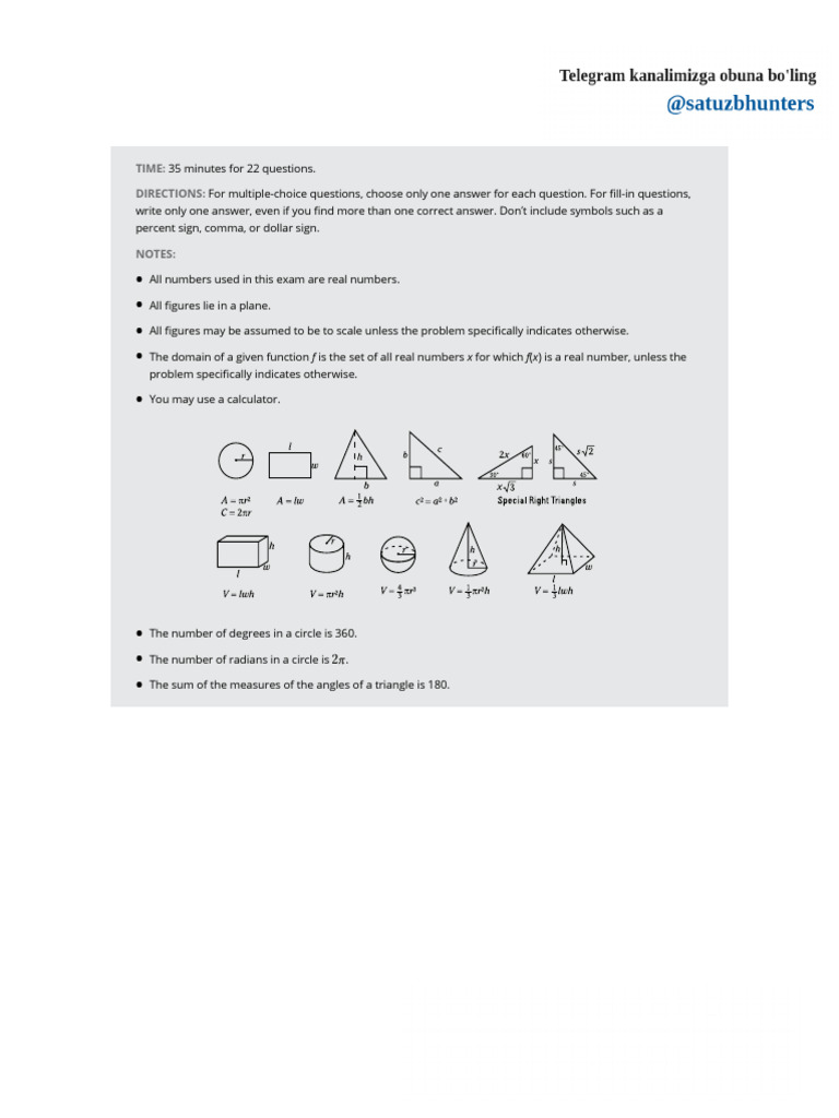 SAT - Math Official Practise Test 2024 | PDF | Circle | Geometry