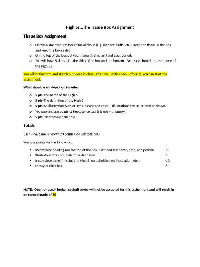High 5 Tissue Box Assignment | PDF