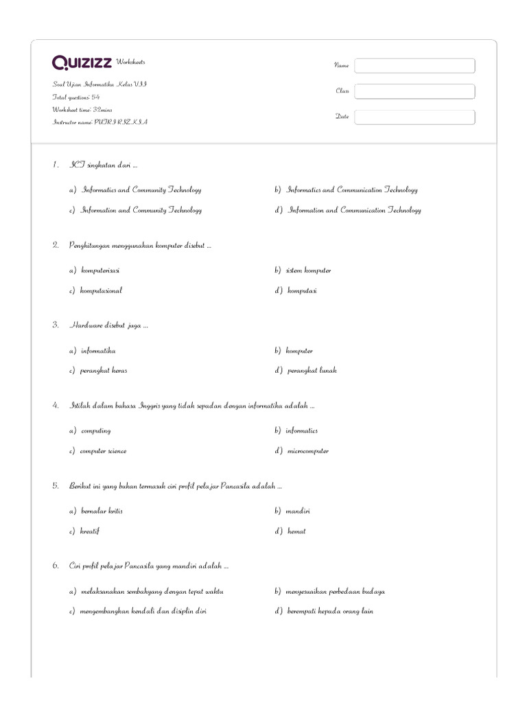 Soal Ujian Informatika Kelas VII _ Quizizz | PDF