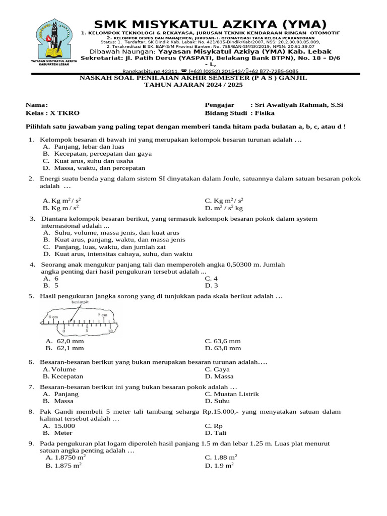 SOAL PAS FISIKA X OTO GANJIL 2024-2025 | PDF