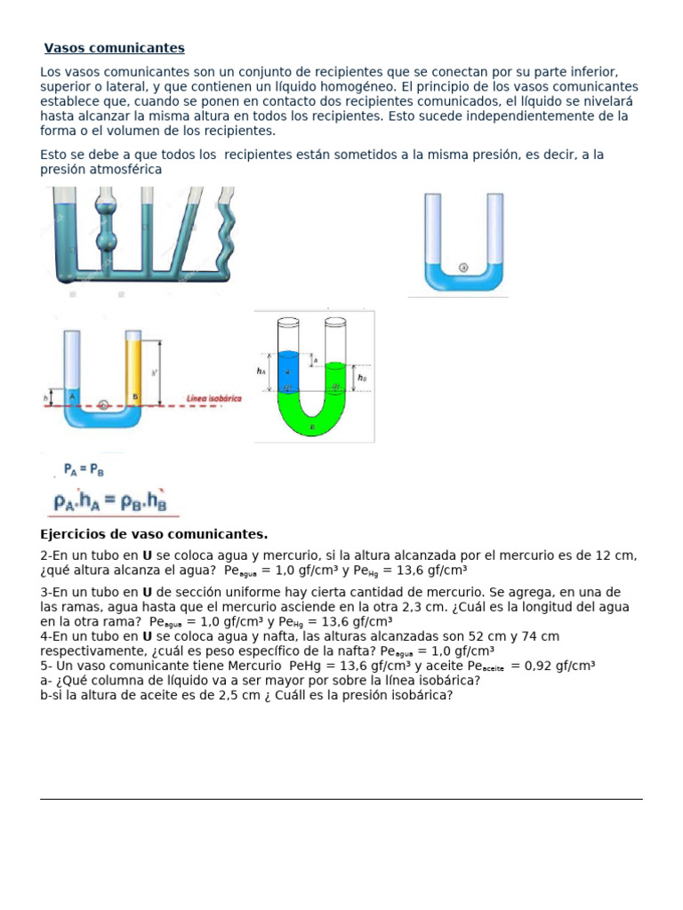 Vasos Comunicantes Teoria Ejercicios | PDF