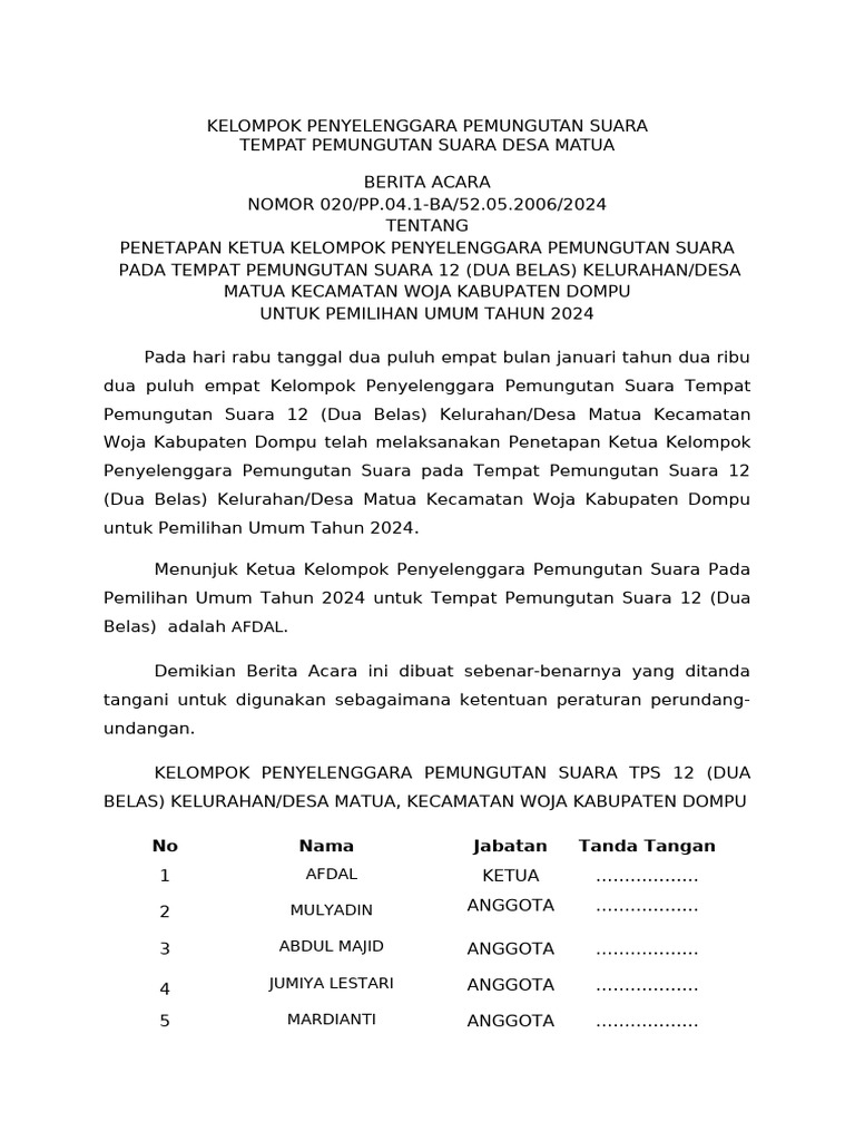 Format Ba KPPS Ketua KPPS - TPS 12 | PDF
