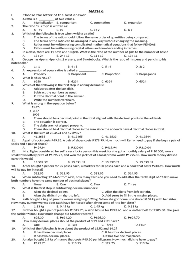 MATH 6 (1) | PDF | Ratio | Numbers