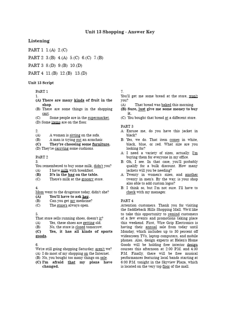 Unit 13 Shopping - Answer Key | PDF | Retailing