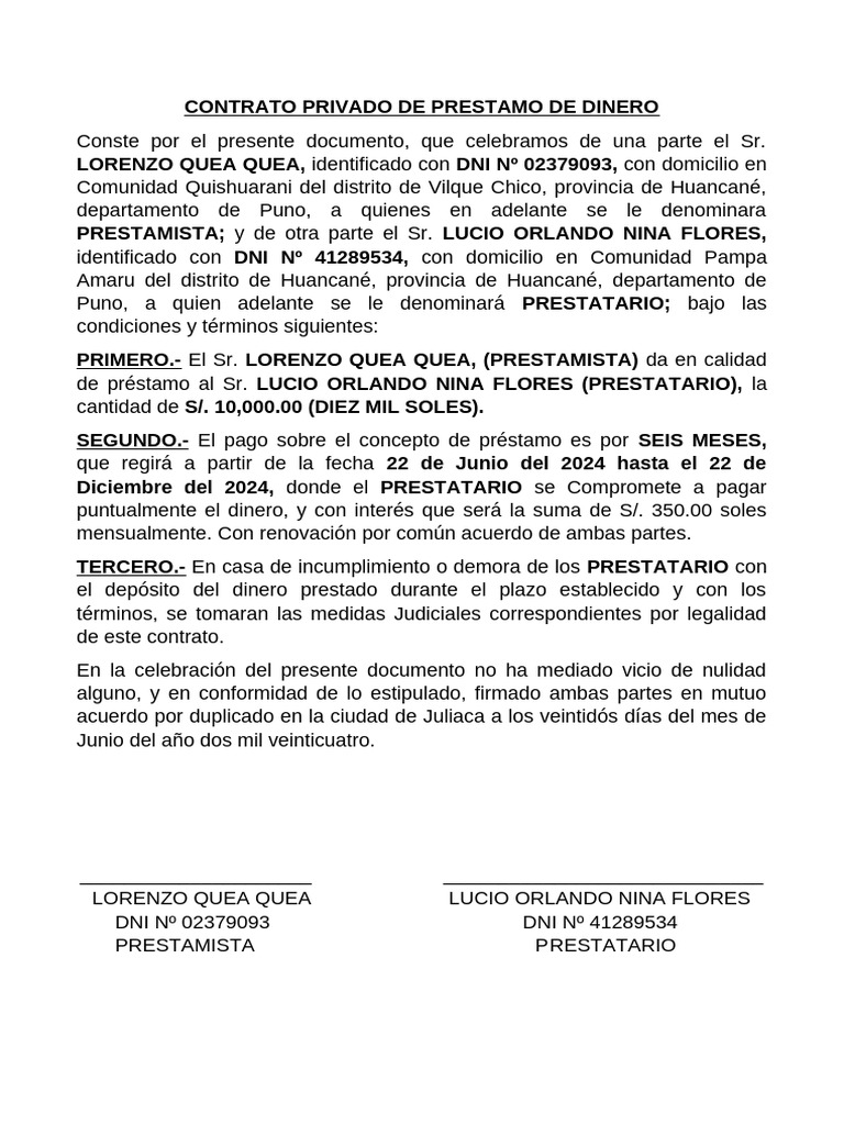 CONTRATO PRIVADO DE PRESTAMO DE DINERO | PDF