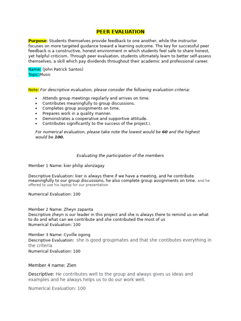 Peer Evaluation | PDF