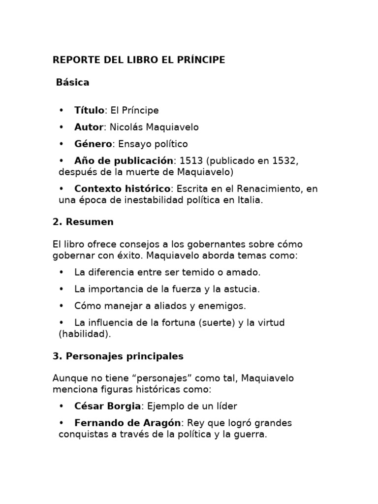 Reporte Del Libro El Príncipe Básica Título Autor Género Año de ...