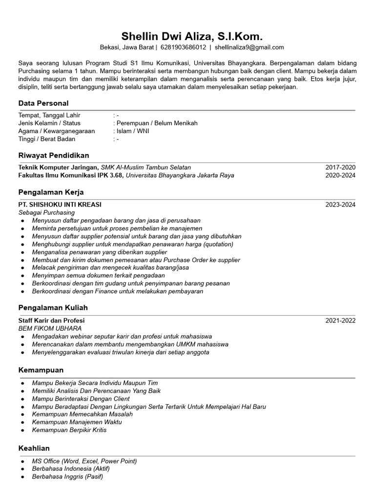 Cv Ats Shellin Dwi Aliza, s.i.kom. | PDF