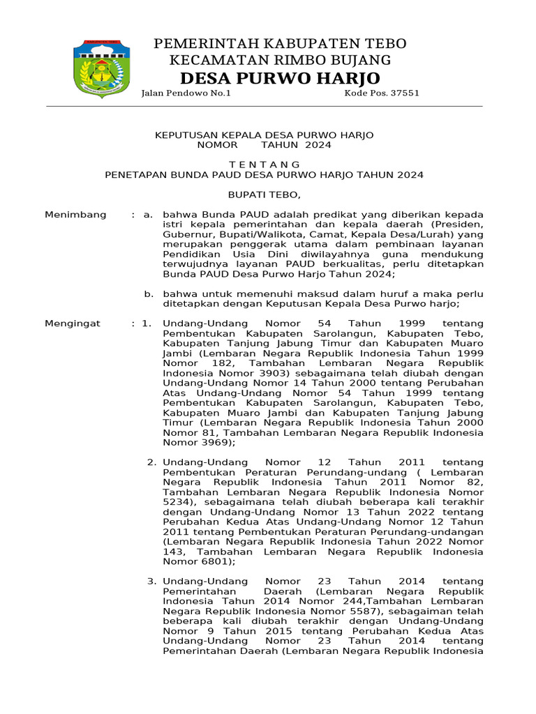 Contoh Sk Bunda Paud Desa | PDF