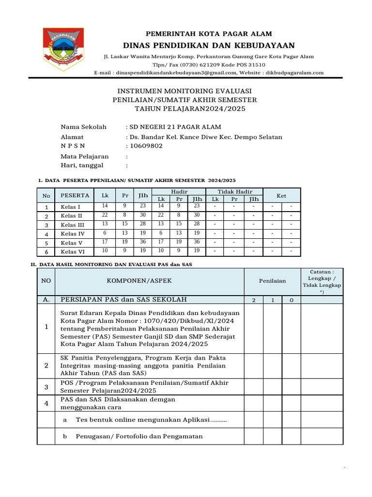 Instrumen Monev Pas - Sas 2024 - 2025 | PDF