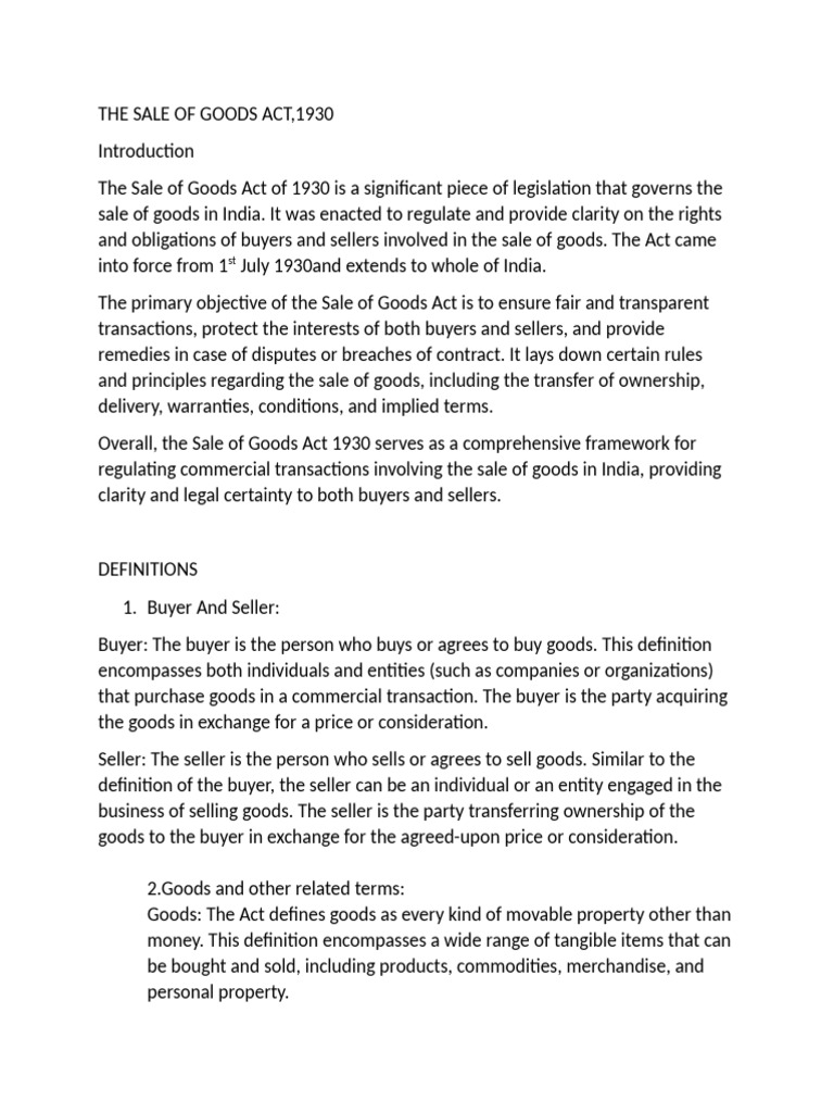 Sale of Goods Act 1930 Overview | PDF | Breach Of Contract | Sales