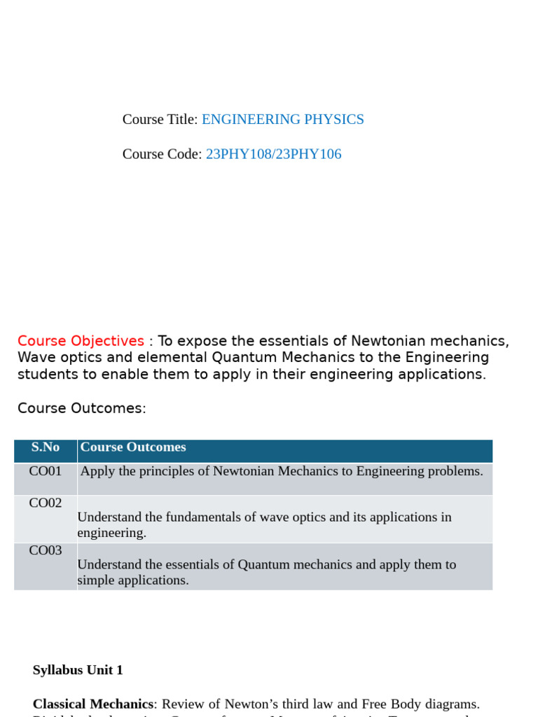 23PHY106-Engineering Physics - Syllabus-Evaluation Pattern | PDF | Newton's Laws Of Motion ...