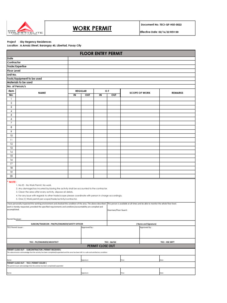 Floor Entry Work Permit | PDF