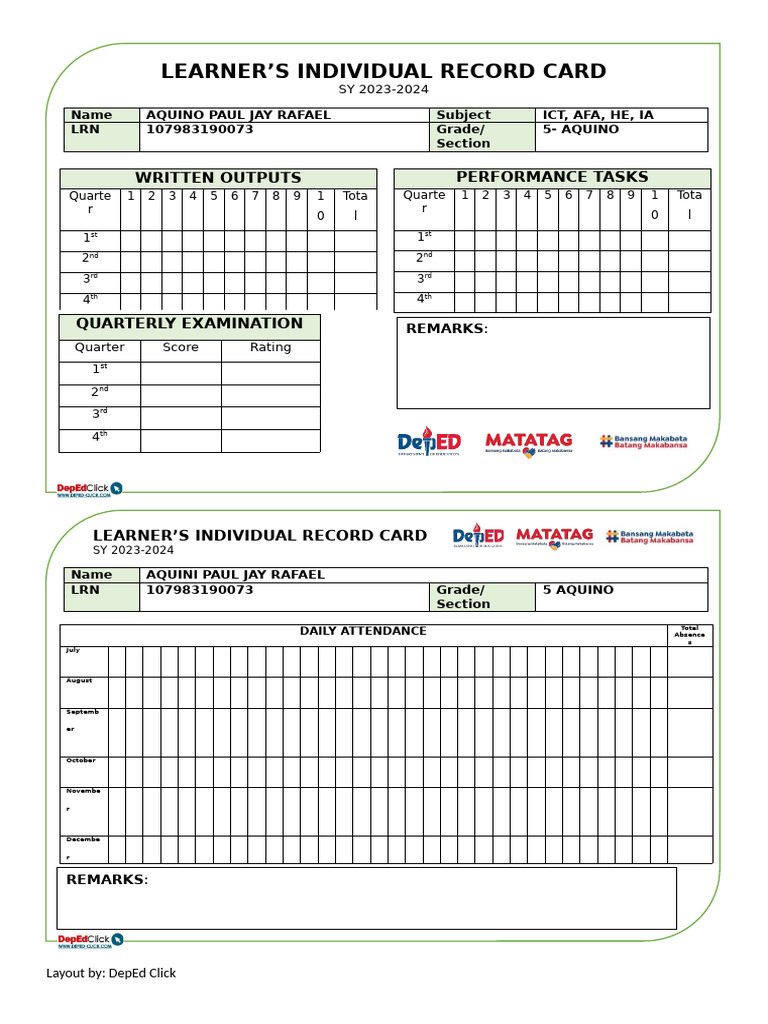 LEARNER'S INDIVIDUAL RECORD CARD- ICT,AFA,FCS, IA 5 | PDF | Government | Public Administration