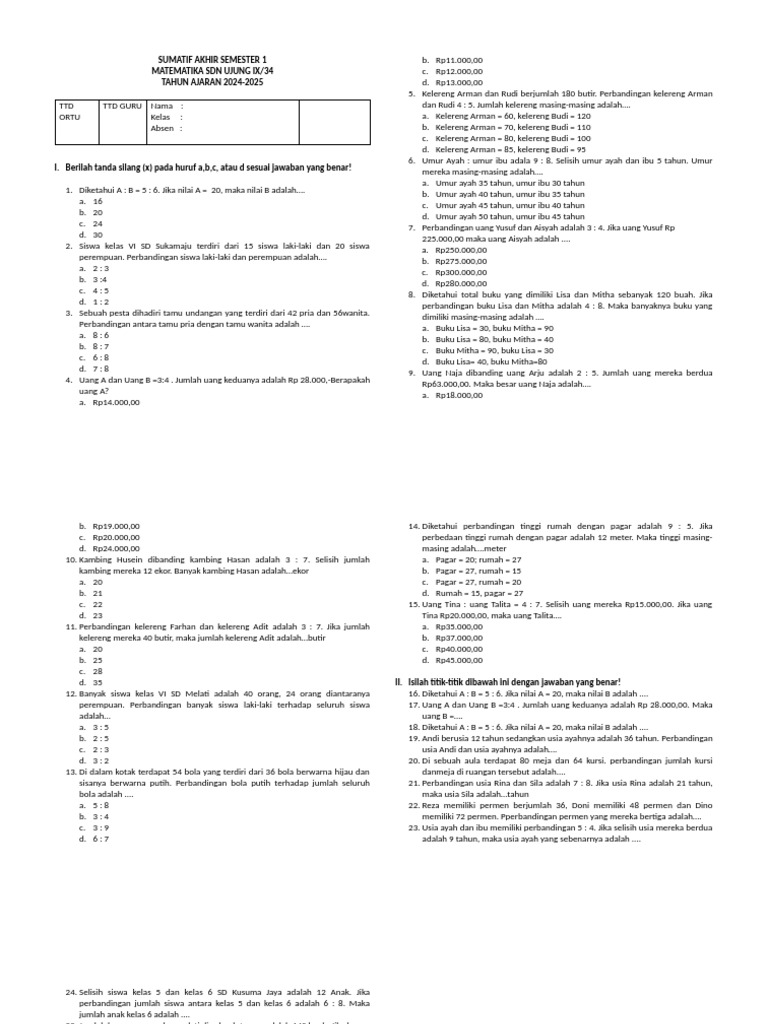 Sumatif Akhir Semester 1 Matematika | PDF