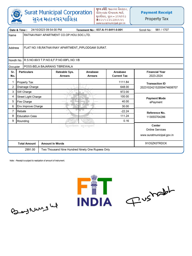 Ratnavinay Property Tax Receipt Attested | PDF | Payments | Taxes