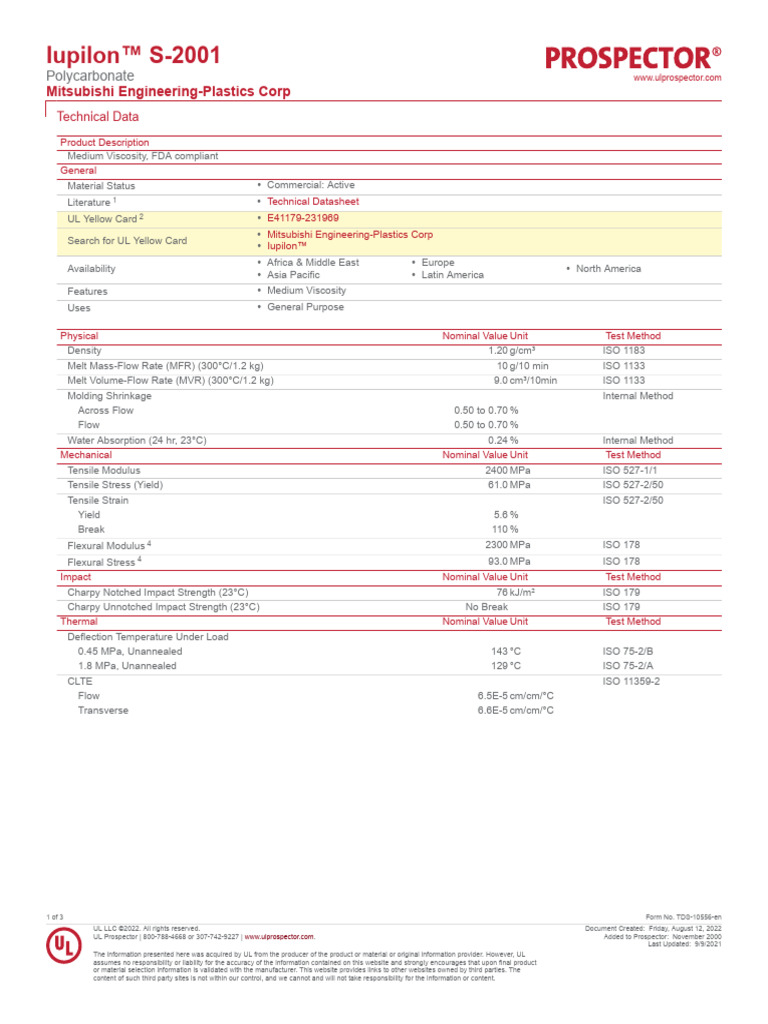 Iupilon™ S-2001 | PDF | Strength Of Materials | Materials