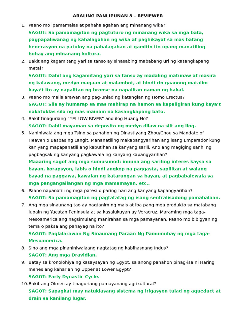 AP Review Questions Unang Markahan With Answers | PDF