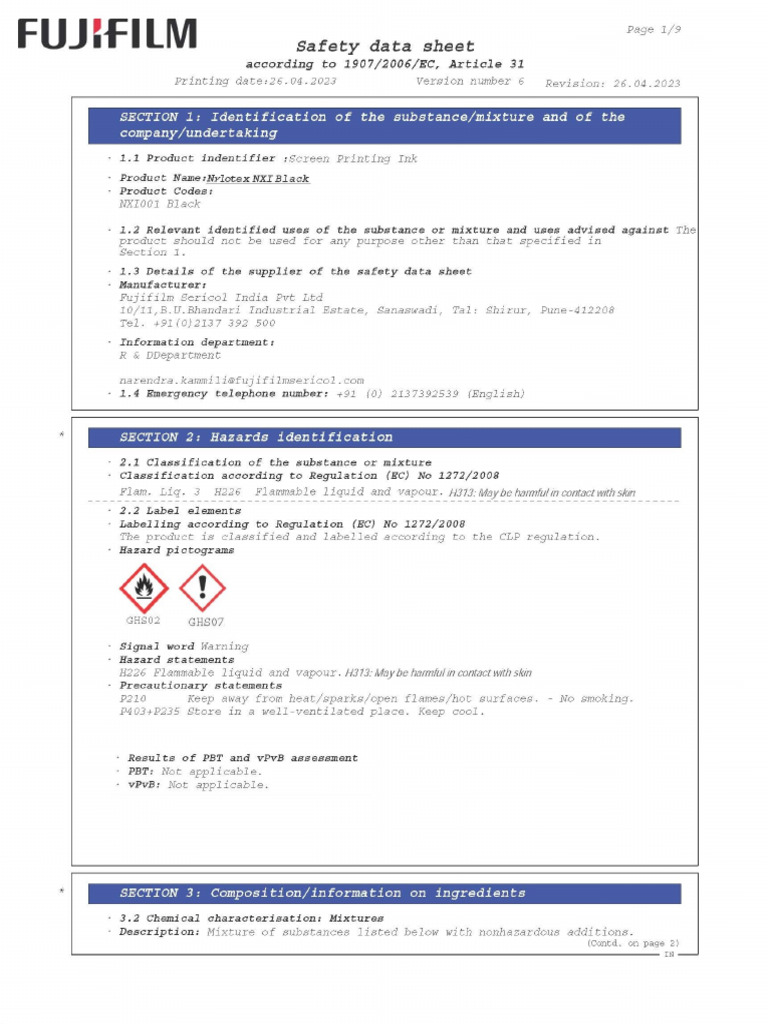 NXI001, Black SDS - 2023 | PDF | Dangerous Goods | Toxicity