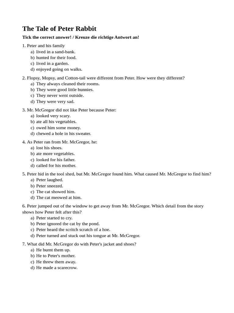 Peter Rabbit: Multiple Choice Quiz | PDF