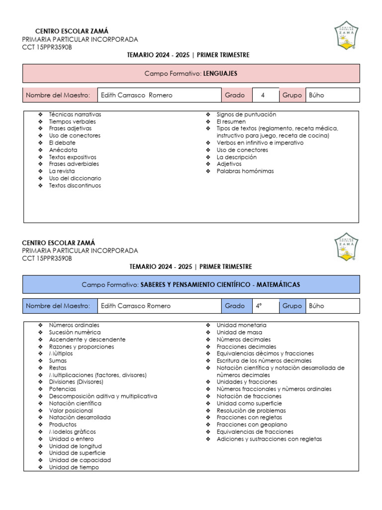 Temarios 4° Búho Primer Trimestre 24-25 | PDF | Decimal | Números