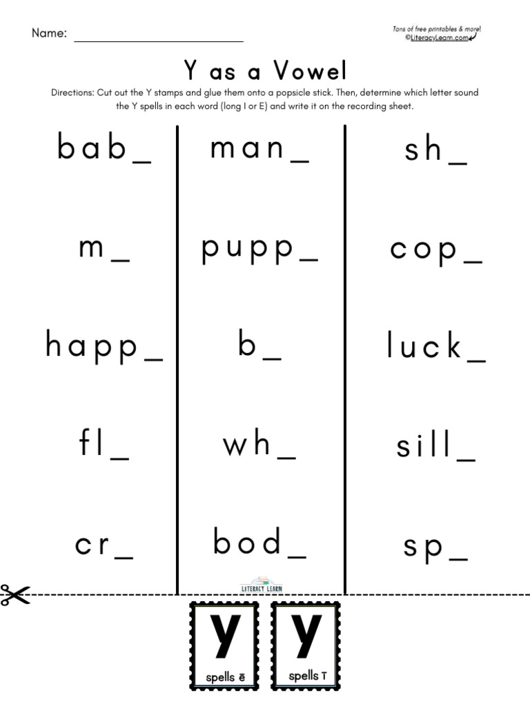 Y as a Vowel Practice Worksheet by Literacy Learn | PDF