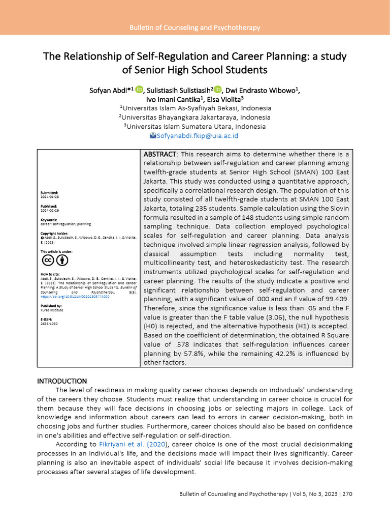 The Relationship of Self-Regulation and Career Pla | PDF | Emotional Self Regulation ...