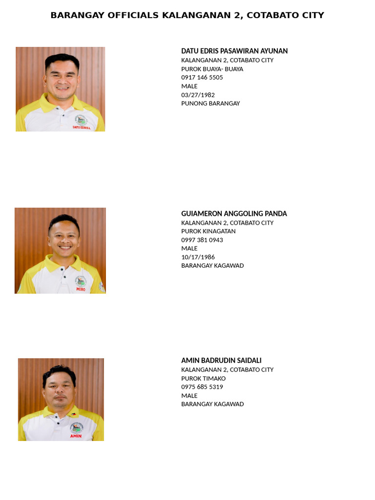 Barangay Officials in Kalanganan 2 | PDF