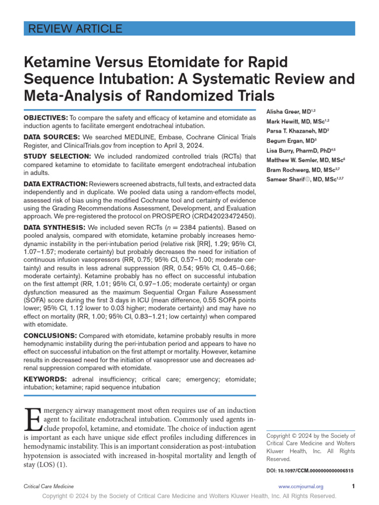 Ketamine Versus Etomidate For Rapid Sequence Intubation A Systematic ...