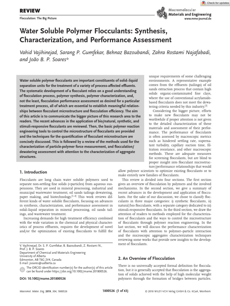 Macro Materials Eng - 2018 - Vajihinejad - Water Soluble Polymer Flocculants Synthesis ...