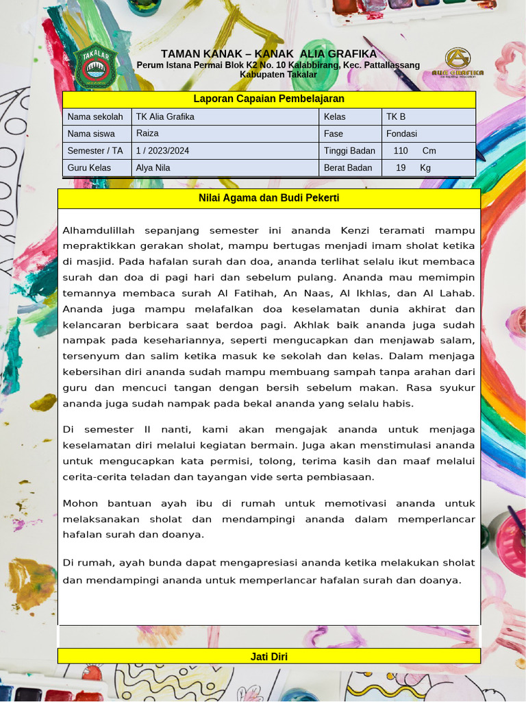 Rapor PAUD Kurikulum Merdeka (Contoh 8) | PDF